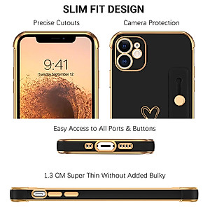 BENTOBEN for iPhone 12 Mini Case, Cute Heart Adjustable Strap Wristband Kickstand Holder Shockproof Protective Soft TPU Luxury Plating Raised Trim Girls Women Phone Case for iPhone 12 Mini, Black