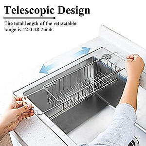 iBigLY Telescopic Kitchen Sink Caddy Sponge Holder, Expandable(12''-19'') Brush Soap Storage Rack with Dish Cloth Hanger, Stainless Stee Kitchen Sink Organizer, No Drilling