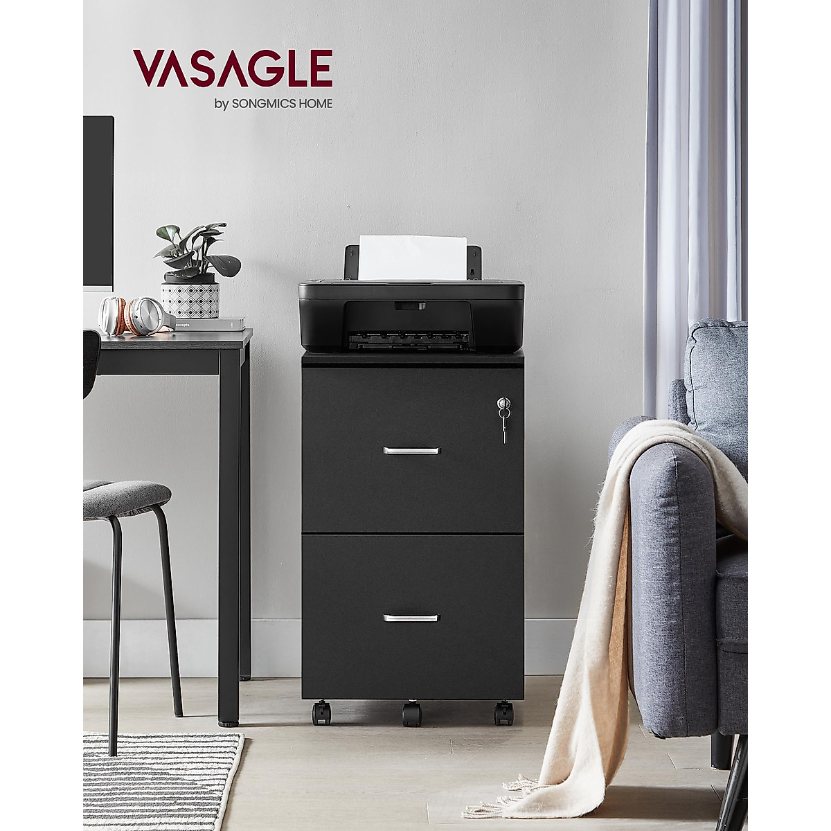 VASAGLE 2-Drawer File Cabinet, Locking Wood Filing Cabinet for Home Office, Small Rolling File Cabinet, Printer Stand, for A4, Letter-Size Files, Hanging File Folders, Modern, Black ULCD027T16V2