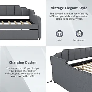 LUSPAZ Upholstered Elegant Daybed with Adjustable Pop Up Trundle and USB Charging Design, Full Size Sofa Bed with Button Design, Wood Slat Support Daybed for Family, Teens, (Gray + Pine)