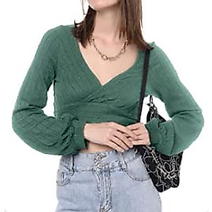 ZAFUL Women V Neck Satin Pleated Top Lantern Sleeve Drawstring Ruched Tunic Shirt Slim Crop Blouse