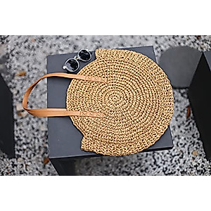 COOKOOKY Straw Beach Bag Summer Handmade Woven Shoulder Tote Bags Purse for Women (Round Khaki Bag and Rattan Earrings)