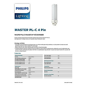 Philips Lighting 383257 PL-C Linear Compact Fluorescent Lamp 13 Watt 4-Pin G24q-1 Base 925 Lumens 82 CRI 2700K Incandescent White Alto