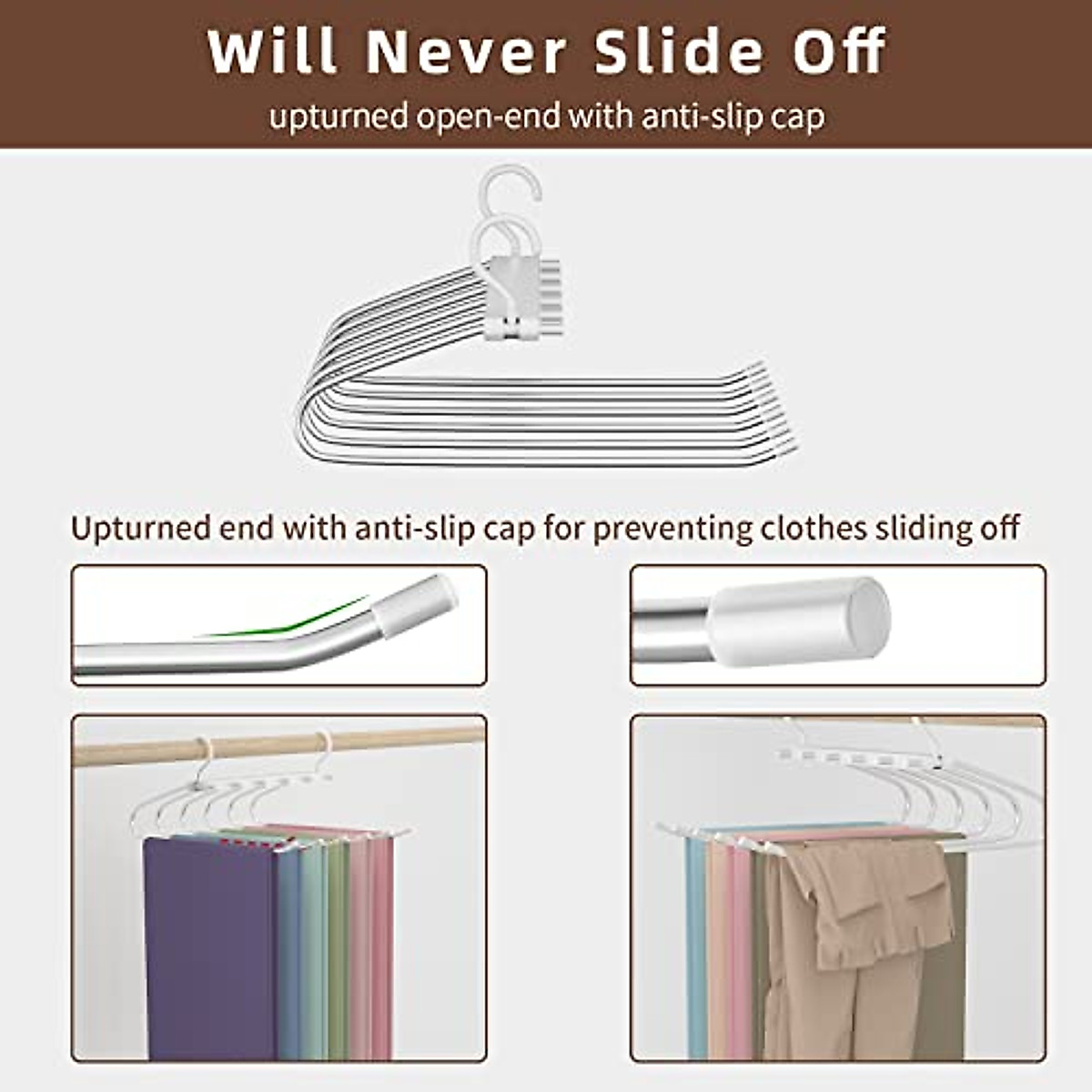 2 Pack Pants Hangers Space Saving - 6 Tier Multi Functional Pants Rack for Hanging Pants,Scarf,Jean,Clothes - Folding Collapsible Hangers for Closet Organizer,Non-Slip Multiple Hangers for Men Women