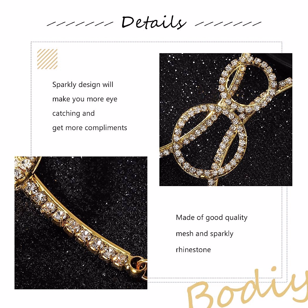 Bodiy Crystal Body Chain Bra Gold Rhinestones Chest Chains Bikini Rave Party Jewelry Circle Sparkly Accessories for Women and Girls
