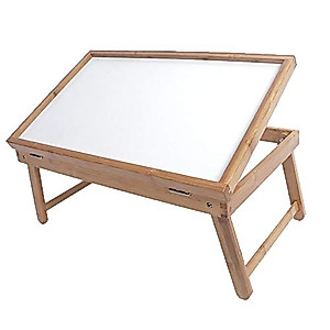 Bed Tray Table with Folding Legs,Adjustable Dining-Table Serving Breakfast in Bed or Use As a TV Table, Laptop Computer Tray, Snack Tray with Natural Bamboo (Wood Color & White Plank)
