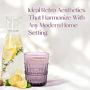 American Atelier Vintage Old Fashion Whiskey Glasses, 10 Oz, Romantic Water Tumblers, Barware Glasses for Scotch, Bourbon, or Cocktails, Embossed Purple Beaded Glasses-Set of 4