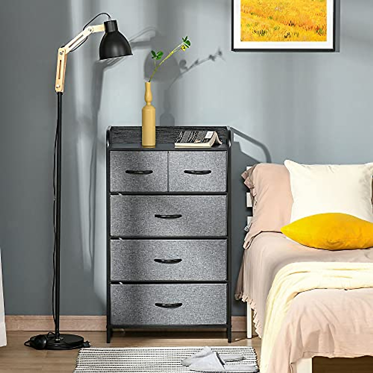 HOMCOM 5-Drawer Fabric Dresser Tower, 4-Tier Storage Organizer with Steel Frame for Hallway, Bedroom and Closet, Grey