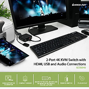 IOGEAR KVM 2-Port USB HDMI Cable KVM with Remote – 4096x2160 60Hz – Plug-n-Play - USB Hub and USB Peripheral Sharing - Attached HDMI and USB KVM Cables - Windows, Mac, and Linux - GCS92HU