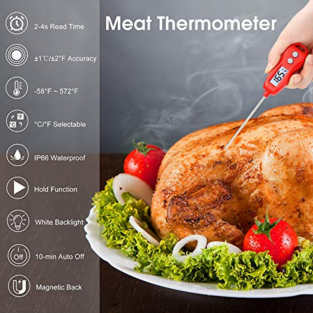 Digital Kitchen Food Meat Thermometer - AIMILAR AY6001-R1 Instant Read Cooking Meat Thermometers for Cooking and Grilling with Backlight Waterproof Magnetic for Grill Oven BBQ Smoker Turkey Water