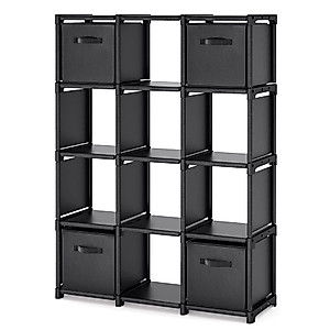 Tribesigns 12 Cubes Storage Organizer DIY Storage Shelves Stackable Open Bookshelf with 4 Cube Storage Bins with Handle Organizer 10.5" x 10.5" for Closet Rack Cabinet Bedroom Livingroom, Black