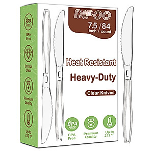 Dipoo 7.5" Clear Plastic Knives Heavy Duty Upgraded Heat Resistant & BPA Free, Solid and Durable Plastic Cutlery, Premium Disposable Knives, for Party Supply(84 Count)