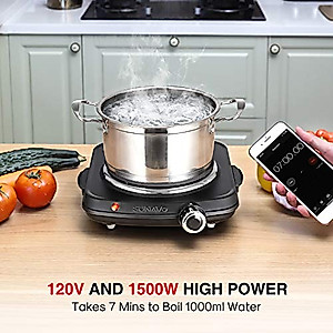 SUNAVO 1500W Hot Plates for Cooking, Electric Single Burner with Handles, 6 Power Levels Stainless Steel Hot Plate for Kitchen Camping RV and More Black
