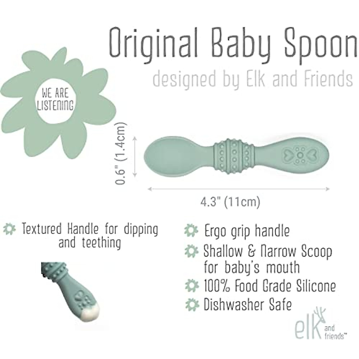 Elk and Friends Silicone Baby Spoons | First Stage Infant Toddler Spoon | Baby Led Weaning Stage | Dishwasher Safe