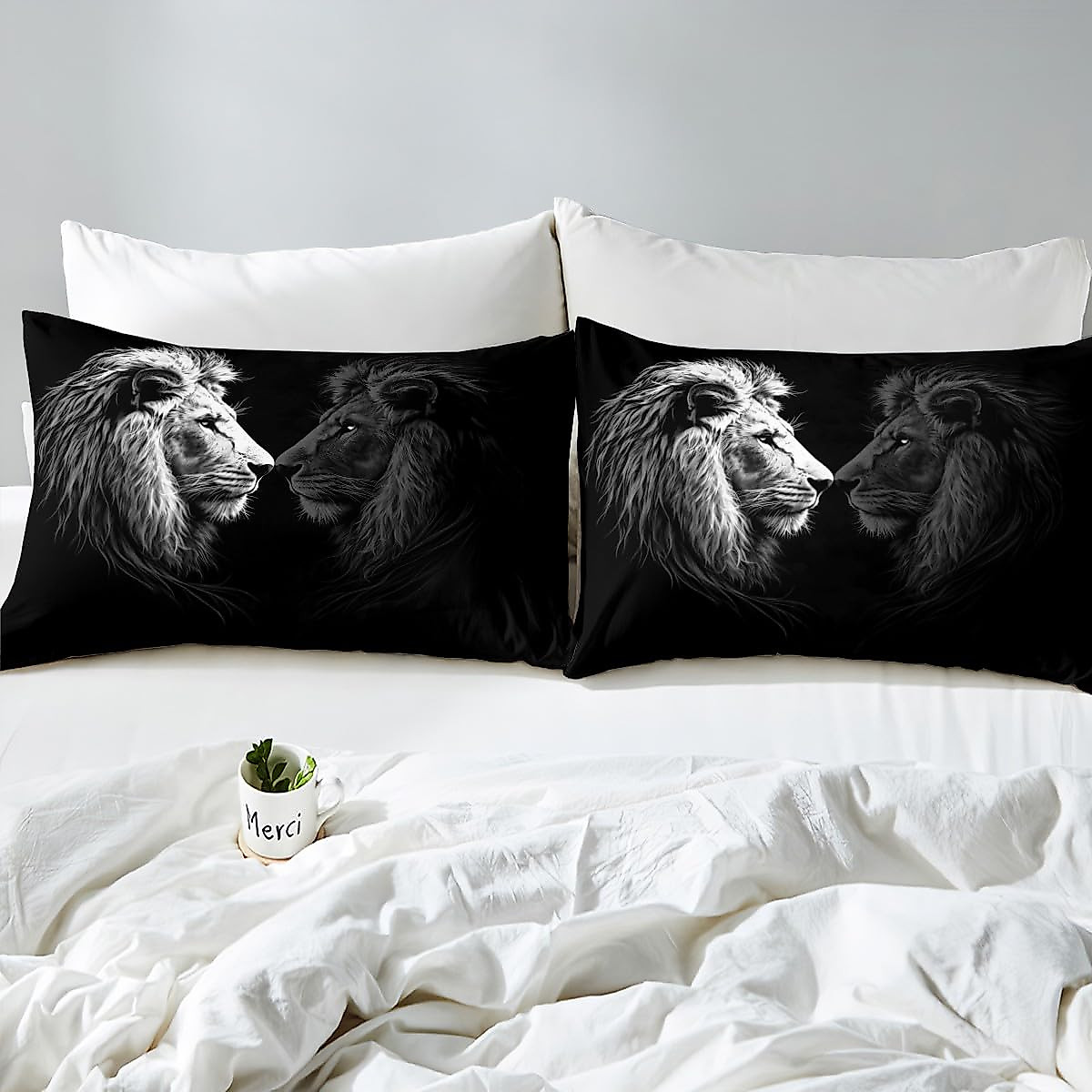 Castle Fairy Lion Bedding Set King, Wild Animal Print Duvet Cover for Bedroom Decorations, Lion Pattern Comforter Cover with 2 Pillow Shams, Soft Comfortable