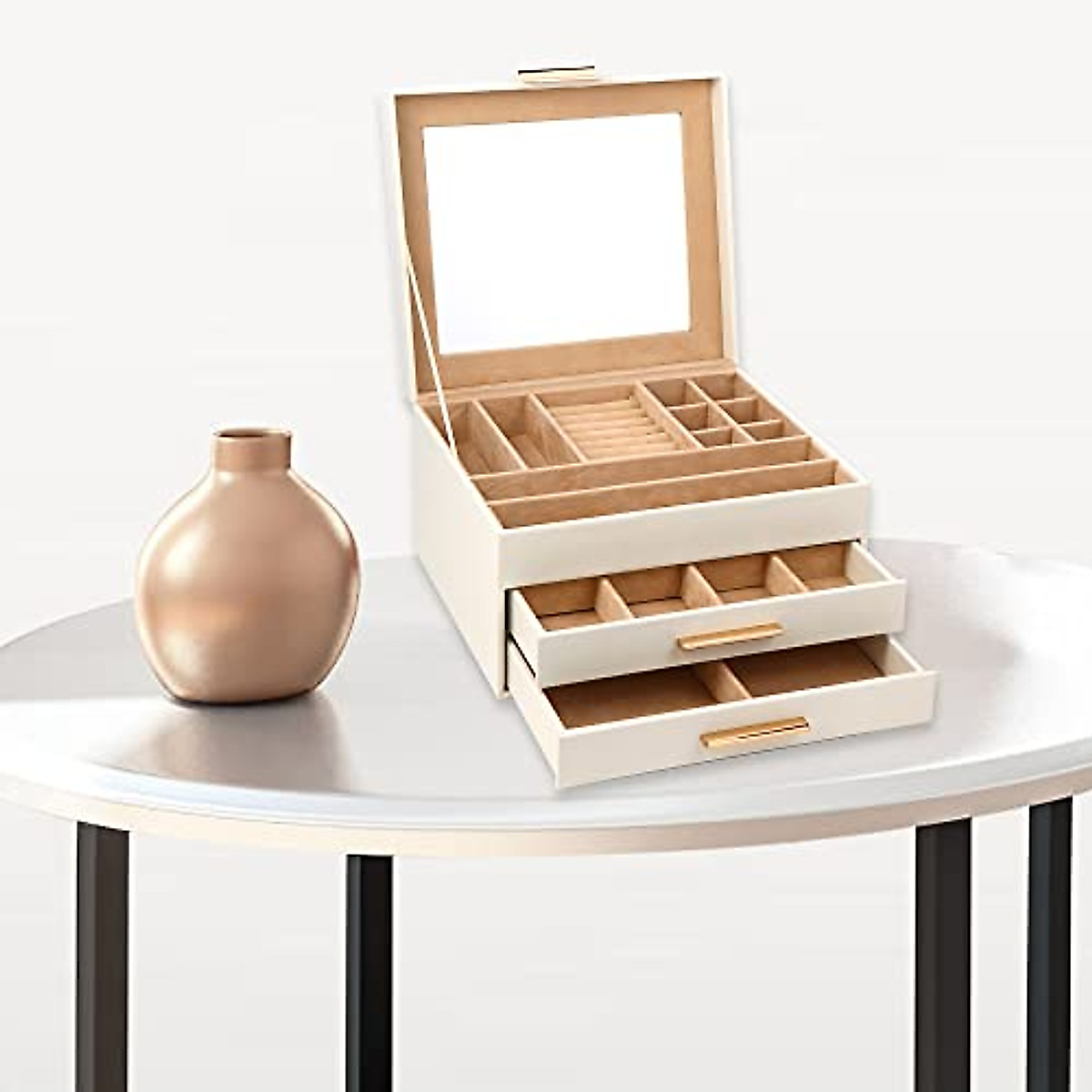 Zglori Jewelry Box, 3 Layers Jewelry Organizer with Glass Lid, 2 Drawers Jewelry Storage Case Holder for Women, Girls