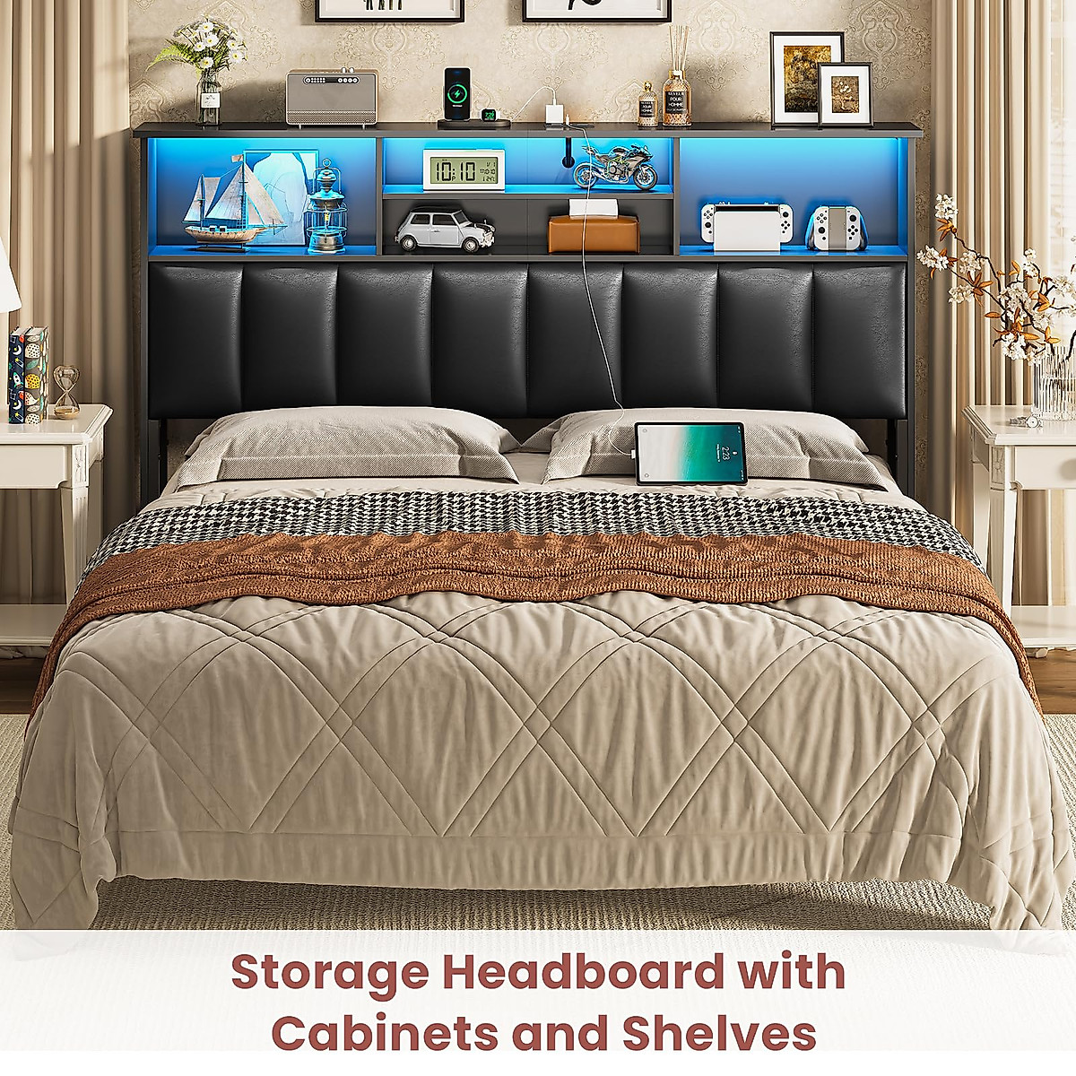 MSmask Queen Size Headboard Only, Upholstered Queen Size Bookcase Headboard with Charging Station and LED Lights, Modern LED Queen Bed Headboard with Storage, Bed Frame Adpater, Black