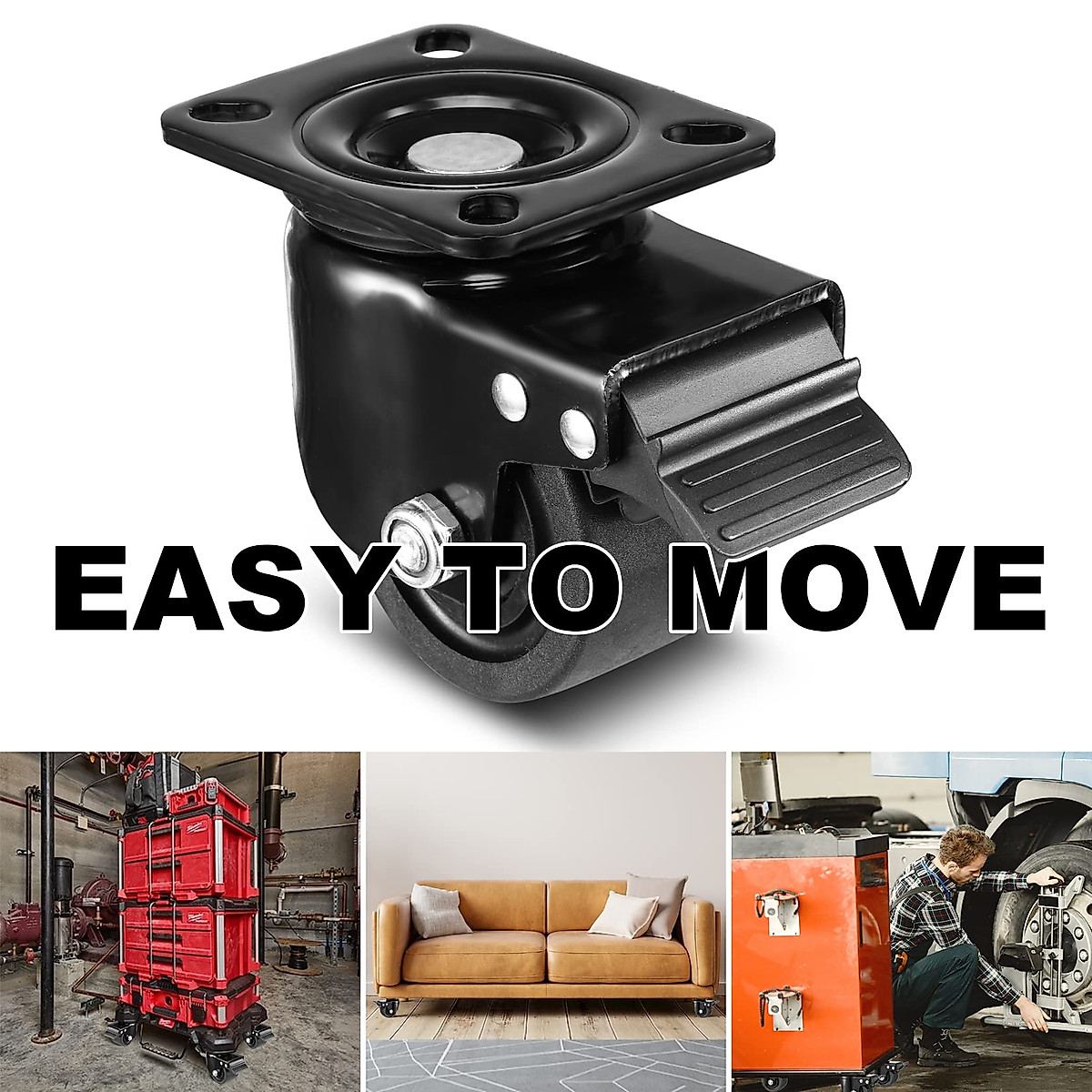 W B D WEIBIDA Plate Swivel Caster Wheels 3-inch Heavy Duty of 4400lbs, Low Gravity Center Design Black Caster Wheels with Brake, Durable & Quiet & Sturdy Nylon Wheels for Industrial, Set of 4