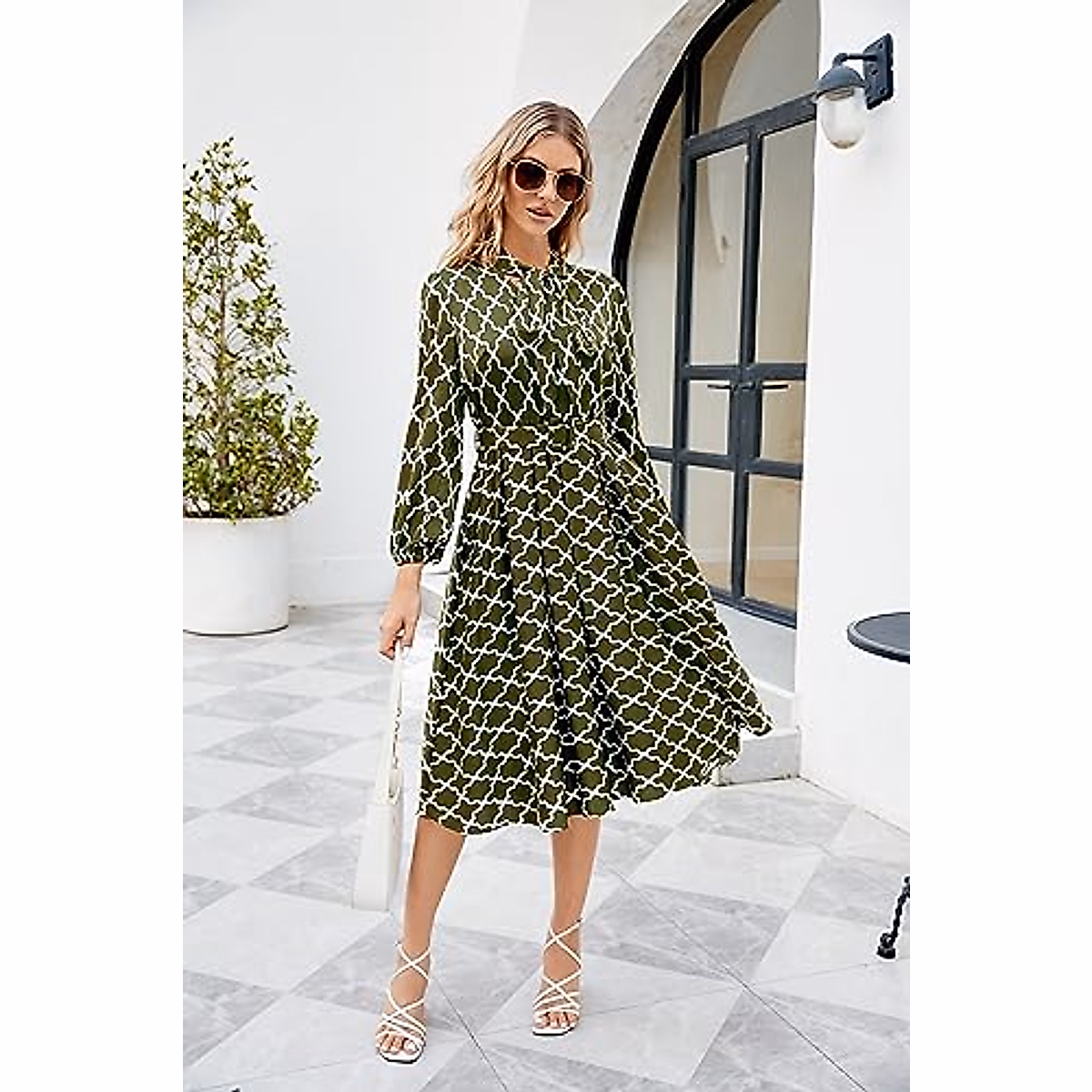 Modest Wear to Work Dress for Women Lantern Sleeve Business Fit and Flare Casual Dress for Business Lady Green