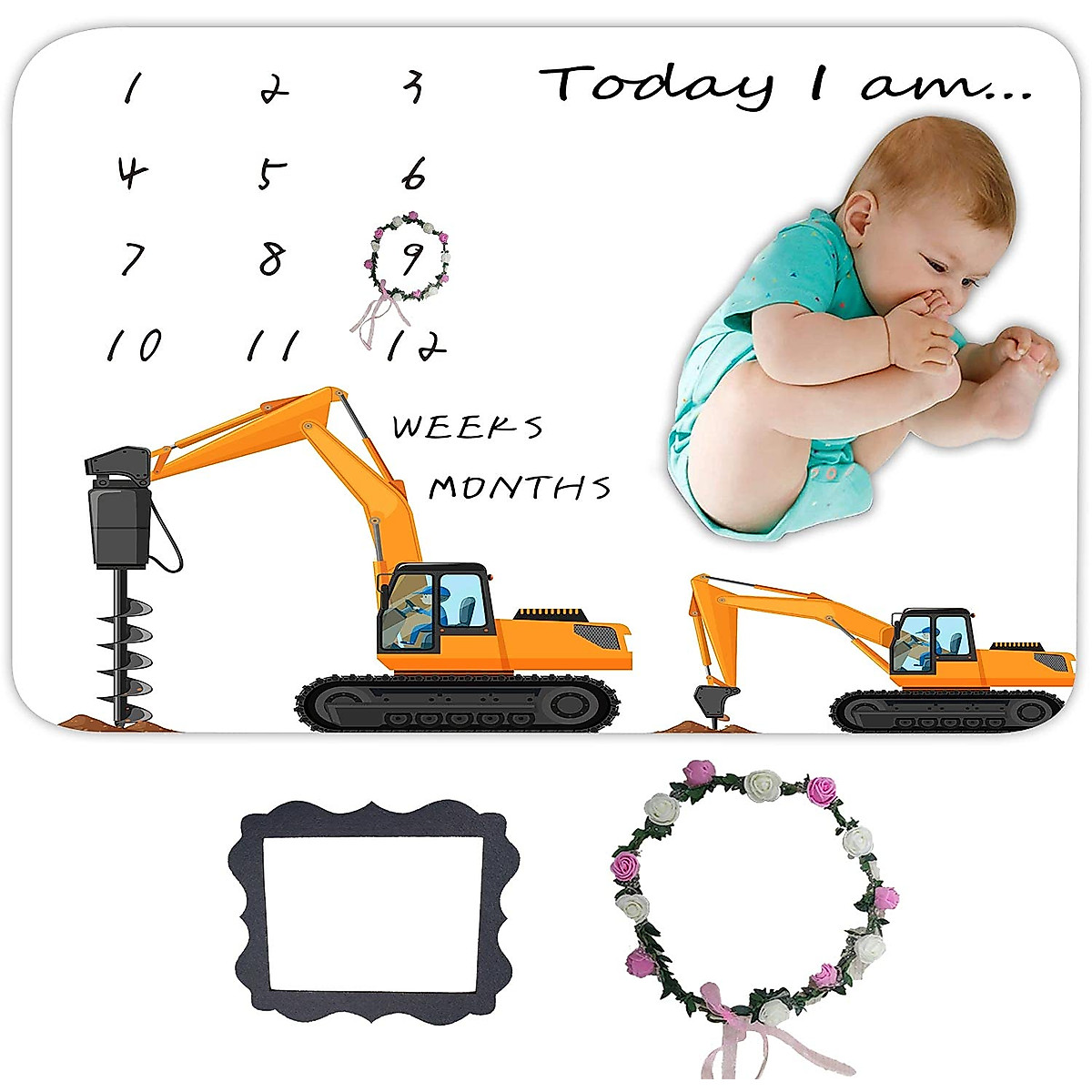 EARVO Baby Monthly Milestone Blanket Boy or Girl Construction Truck Baby Month Blanket with Wreath Frame Yellow Truck Milestone Blanket for Newborn to 12 Months Milestones 48”x48”BTZDEA10