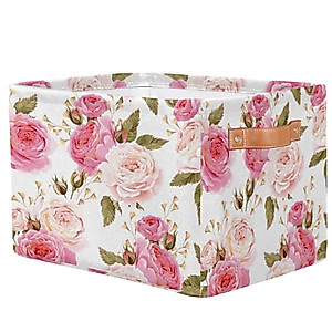 Storage Basket Bin, Floral Flower Rose Pink Large Collapsible Storage Cube Box with Handle Durable Waterproof Closet Shelf Organizer for Toy Nursery Bedroom Laundry Basket, 2 Pcs