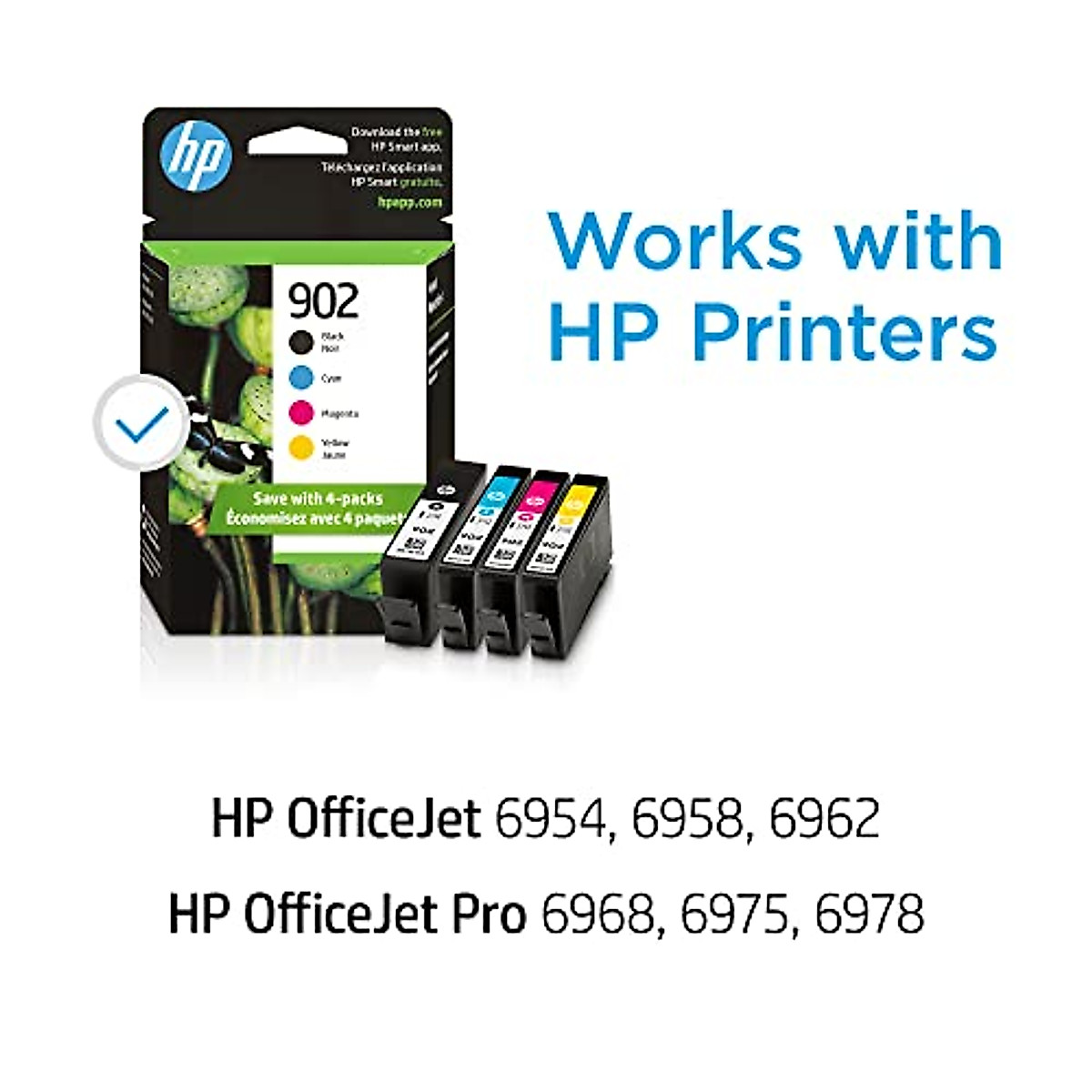 Original HP 902 Black, Cyan, Magenta, Yellow Ink Cartridges (4 Count -pack) | Works with HP OfficeJet 6950, 6960 Series, HP OfficeJet Pro 6960, 6970 Series | Eligible for Instant Ink | X4E05AN