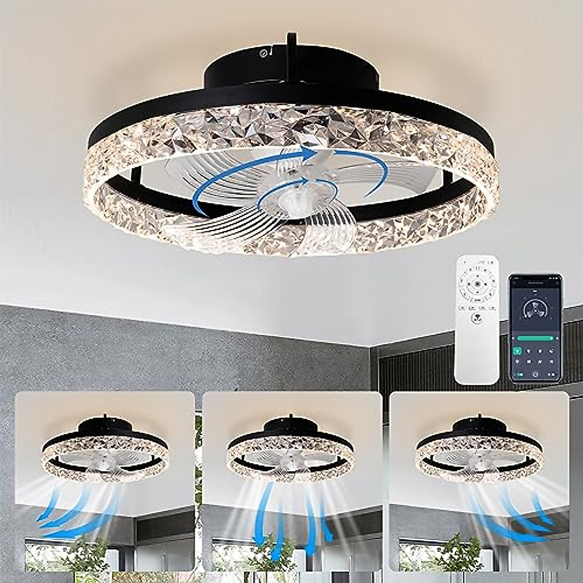 Tivleed Low Profile Ceiling Fan with Lights, 20" Semi Flush LED Fans Light, Remote & Smart APP Control, 360° Rotatable, Modern Crystal, 3 Color Dimmable, 6 Speeds, for Bedroom Living Room, Black