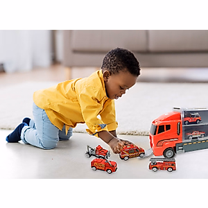 Smart Novelty Die Cast Emergency Trucks Vehicles Toy Cars Play Set in Carrier Truck - 7 in 1 Transport Truck Emergency Car Set for Kids Gifts (Fire Vehicle Set)