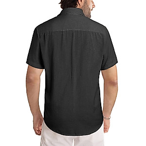 JMIERR Mens Summer Casual Stylish Short Sleeve Button-Up Shirts Cotton Linen Solid Color Business Dress Shirts Beach T Shirt, 2XL, Black