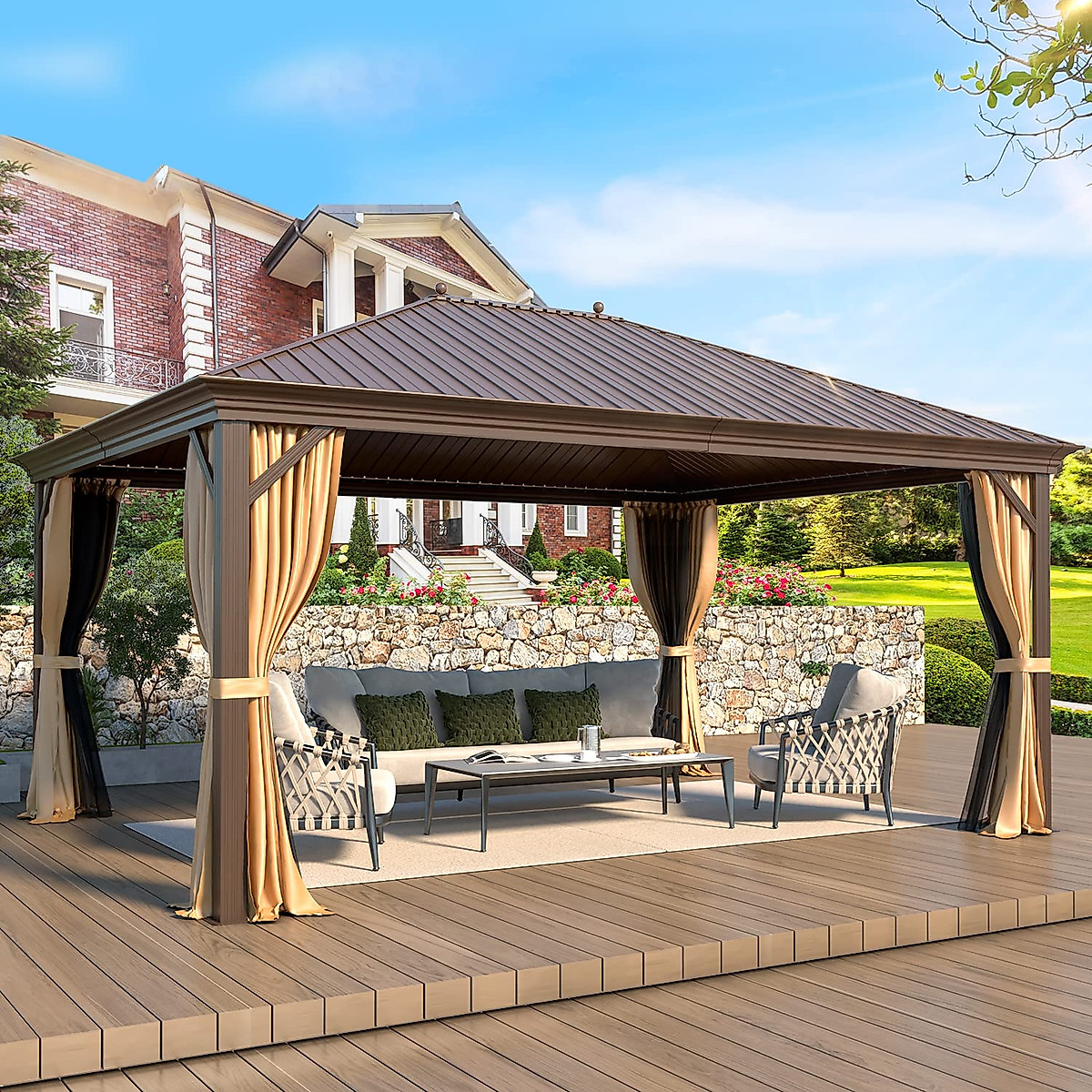 YOLENY 12' X 16' Hardtop Gazebo Galvanized Steel Outdoor Patio Gazebo Canopy Permanent Gazebo with Single Roof Aluminum Frame, Netting & Curtains for Garden, Patio, Lawns, Deck