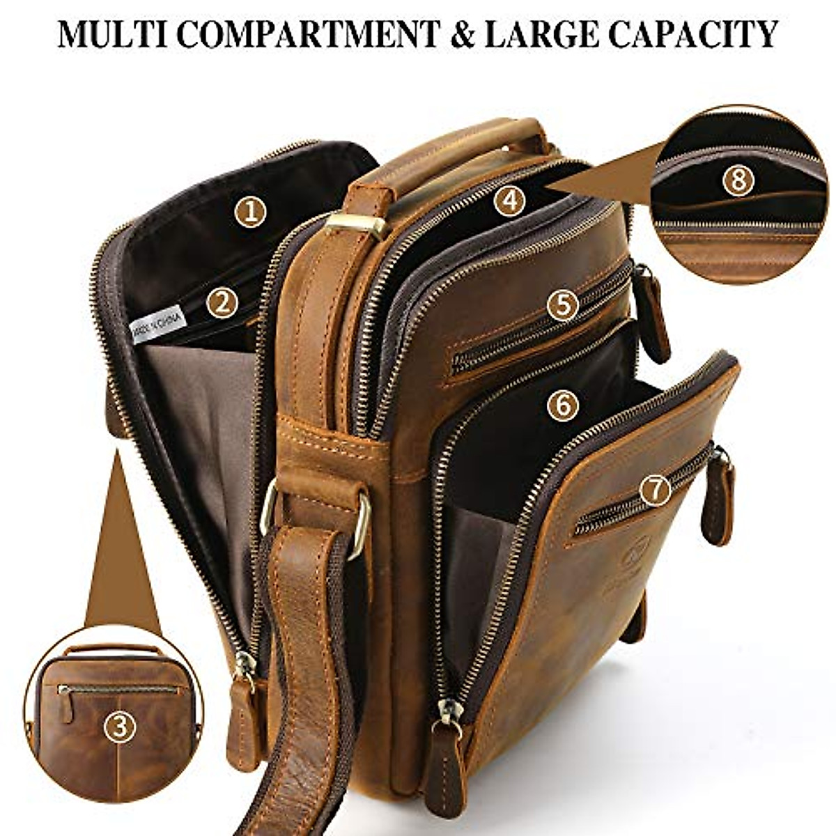 Ringsun Small Leather Travel Bag Zipper Crossbody Shoulder Bag Messenger Bag Mens Purse Bag, Leather Man Purse