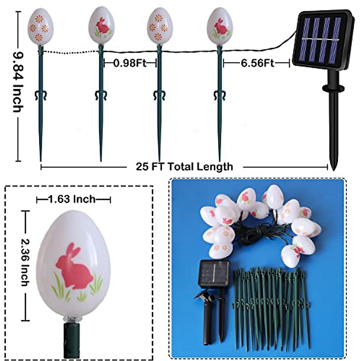 25Ft 20 LED Solar Easter Eggs Stake Lights for Easter Decorations, 8 Modes Solar Easter Eggs Lights, Waterproof Solar Easter Yard Stake for Outdoor Easter Decor Garden Yard Pathway Lawn Spring Decor