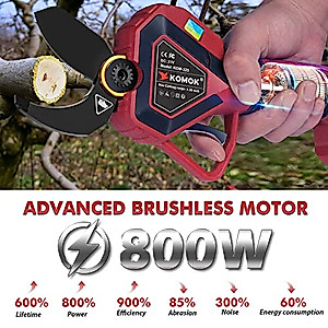 KOMOK Electric Pruning Shears, Professional Cordless Electric Pruner Battery Operated Tree Branch Cutter with 2 Rechargeable 2Ah Lithium Batteries, 1.26 inch (32mm) Cutting Diameter 8-10 Working Hours