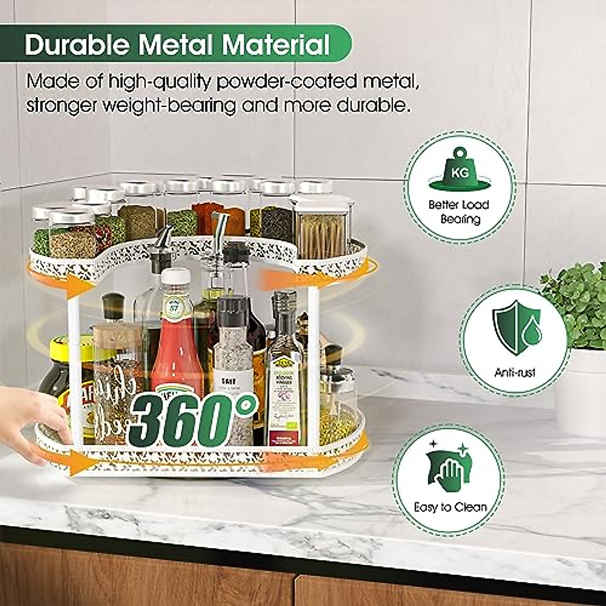 Kalrin Lazy Susan Turntable Organizer, 2-Tier Spice Spinner Non-Skid & 3 Height Settings for Cabinet Pantry Kitchen Countertop Refrigerator Cupboard, 12", White