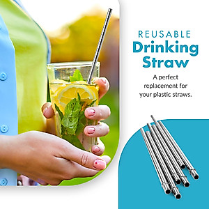 Stainless Steel Reusable Straws, 9.5-inches Straight Metal Straw for Drinking Hot and Cold Beverages, Designed with Stopper, Set of 6 Metal Straws - Simply Green Solutions