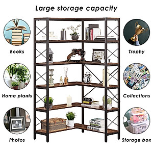 Jartoil Corner Bookshelf 6-Tier, Tall Book Shelf L-Shaped, Large Etagere Bookcase Industrial Style with Metal Frame for Home Office Shelves