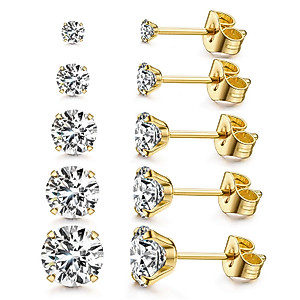 Kainier 5 Pairs 14K Gold Plated Stud Earrings Set Simulated Diamond Earrings Cubic Zirconia (CZ) Ear Stud for Women Hypoallergenic 3-7mm