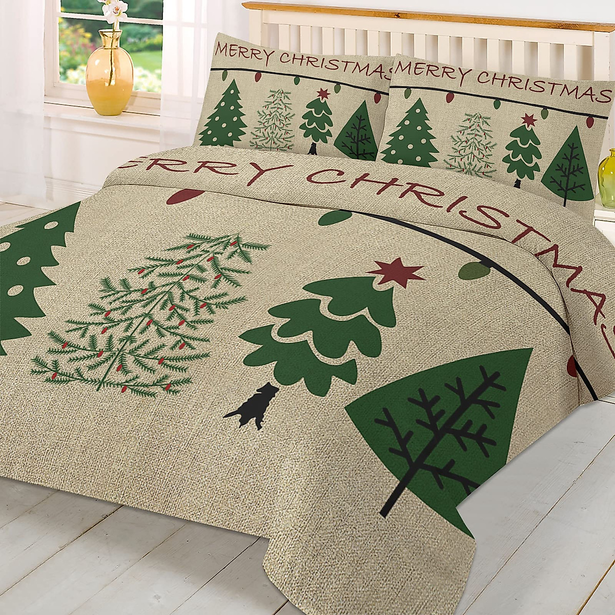 Christmas Comforter Sets California King Size Green Pine Trees Soft Bedding Duvet Cover Sets 3 Pieces Xmas Lights Bedding Set with Comforter Cover and 2 Pillow Cases Bedroom Xmas Decor Gift