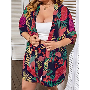 Floerns Women's Plus Size 2 Piece Outfit Tropical Print Kimono Top and Shorts Set Navy Blue 3XL