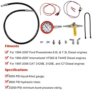 Camoo Hpop Test Tool High Pressure & Air Leak Test Gauge Tool Kit for 1994-2007 Ford 6.0L & 7.3L Powerstroke F250 F350 Dual Purpose Test Tool
