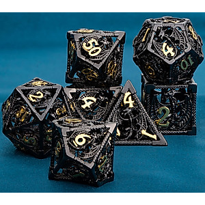 ARUOHHA Hollow DND Metal Dice Set Black Gold Dungeons and Dragons Dice D and D Dice Role Playing Games D+D Polyhedral Dice 7PCS RPG D&D Dice with Gift Box D20 D12 D10 D8 D6 D4