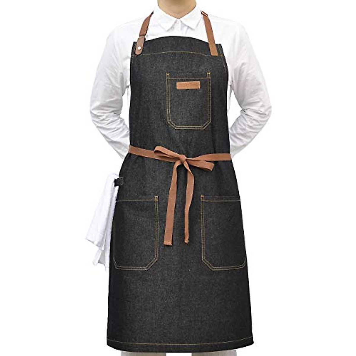 DingSay Trendy Denim Chef Apron with Pockets, Mens Womens Professional Kitchen Bib Black Apron for Cooking Grill BBQ Server, with Towel Loop and Adjustable Neck Straps