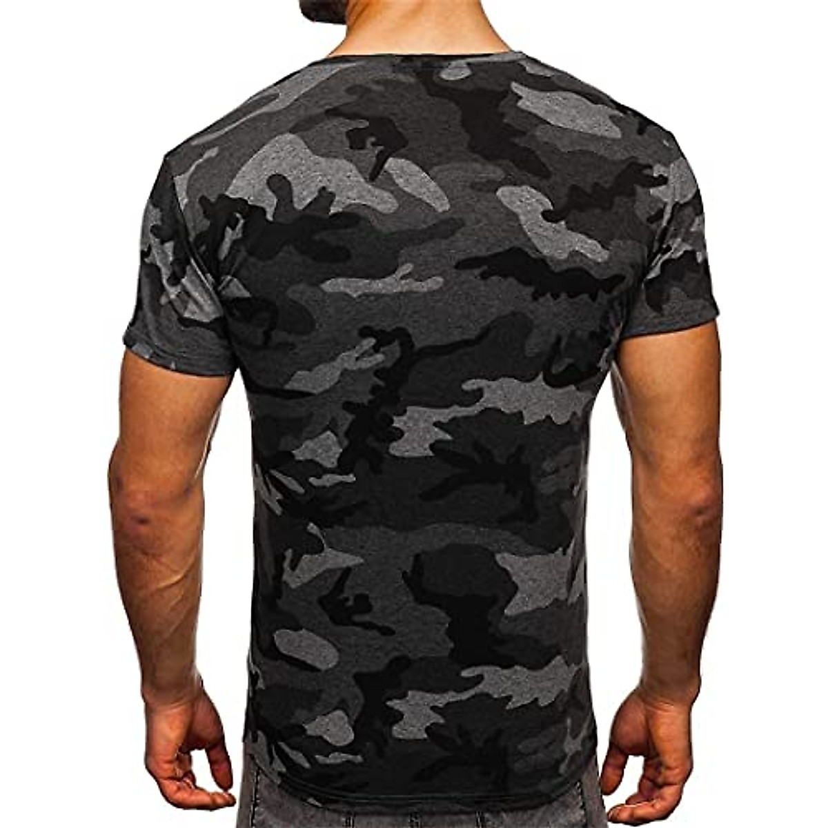 Maiyifu-GJ Men's Camo Casual Sports T-Shirt Colour Round Neck Camouflage Short Sleeve Regular Muscle Slim Fit Tees (Dark Grey,Small)