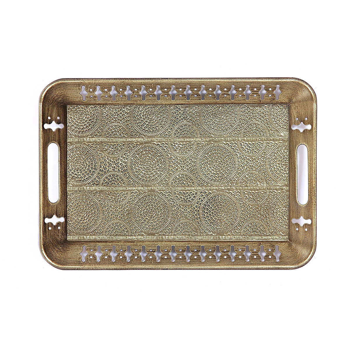 16" Sturdy Rectangular Decorative Metal Tray with Filigree Decor in Champagne Gold, Metal Serving Tray, Perfume Tray, Vanity Tray. Coffee Table, Bathroom, Dresser, Centerpieces, Wedding, (Gold, 1)