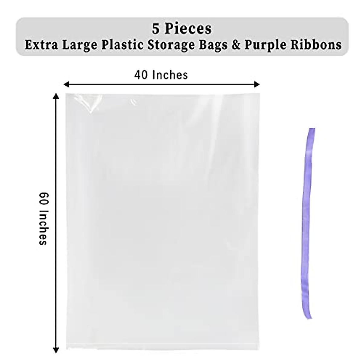 Extra Large Clear Plastic Storage Bags,5Pieces 40x60 Inches Big Giant Jumbo Huge Plastic Storage Bags for Luggage, Suitcase,Furniture,5 Ribbons Included