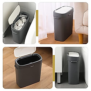 LIFKOME Bathroom Trash Can with Lid 10L Slim Press Type Lid Slim Narrow Bedroom Garbage Can Household Bin Trash Can for Bedroom Living Room Kitchen Toilet Office (Nomal Press Type, Grey White)