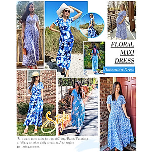 AUSELILY Maxi Dresses for Women Ankle Length Floral Print Beach Long Flowy Dress with Pockets Red Flowers M