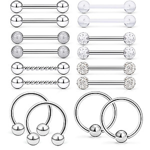 Ftovosyo 16Pcs Nipple Ring 14G Surgical Steel Tongue Nipplerings Barbell Bar Hoop Rings Retainer Piercing Jewelry for Women Men 14MM (9/16 Inch) Silver-tone