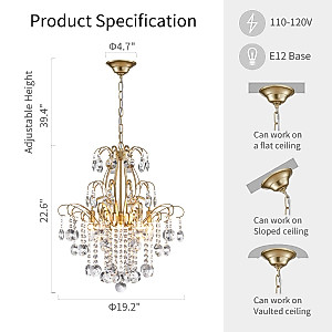WUZUPS Crystal Chandelier 5-Light Pendant Ceiling Light Modern Lighting Fixture for Bedroom Hallway Bar Kitchen Bathroom, H 22.6'' x W 19.2'', E12 Base, Gold