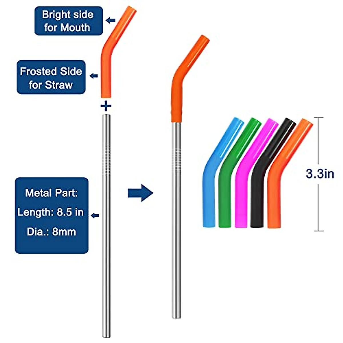 5 PCS Metal Straws with Silicone Tip, 8mm Wide Smoothie Straws, Reusable Stainless Steel Straws with 2 Cleaning Brushes,1 Portable Bag (Silver)